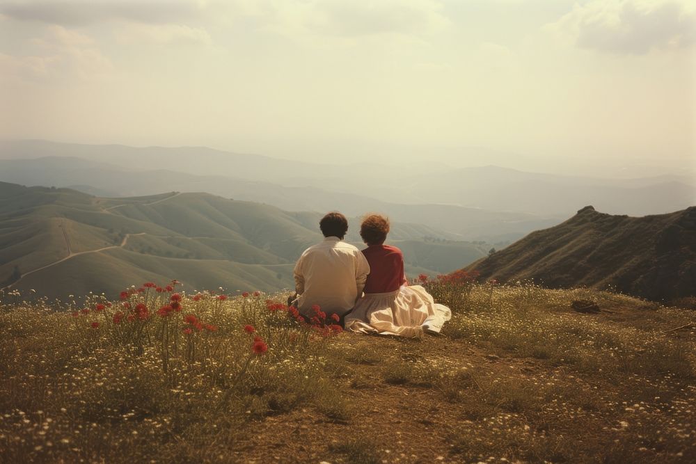 couple sitting cutely mountain film | Premium Photo - rawpixel