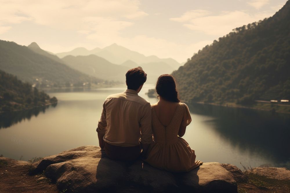 couple sitting cutely mountain lake | Premium Photo - rawpixel