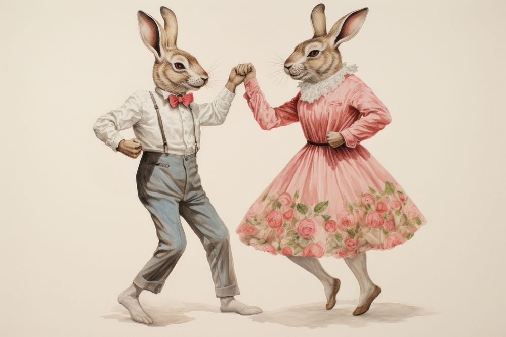 Rabbit couple characters dancing drawing | Free Photo Illustration ...