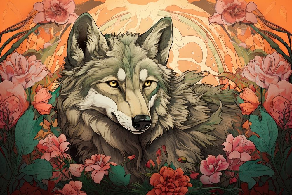 Wolf and flowers wolf art | Free Photo Illustration - rawpixel