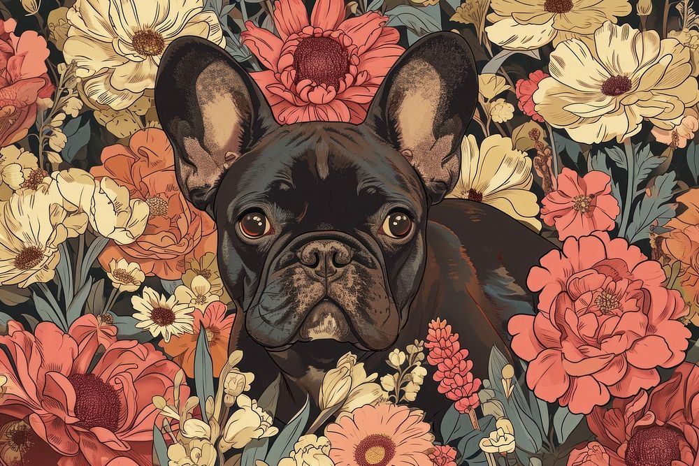 Bulldog flower art french bulldog. | Free Photo Illustration - rawpixel