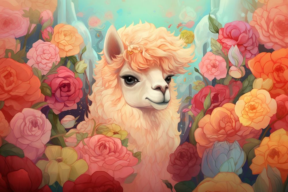 Alpaca flowers art painting blossom | Free Photo Illustration - rawpixel