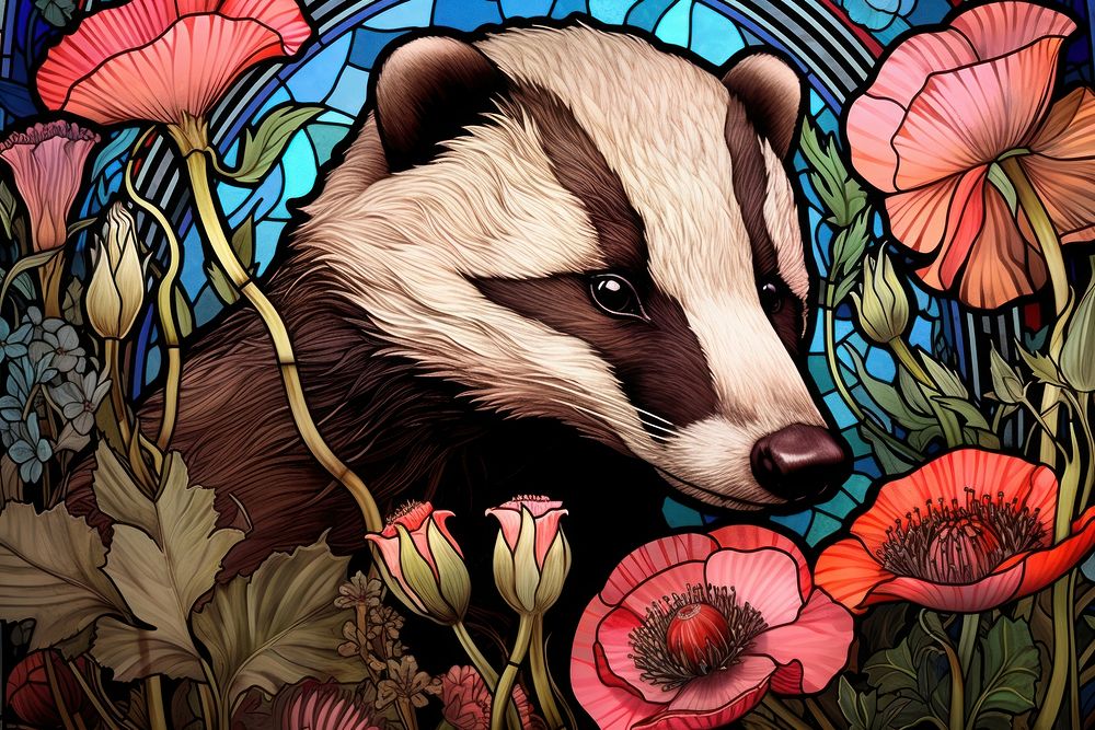 Badger and flowers badger art | Free Photo Illustration - rawpixel