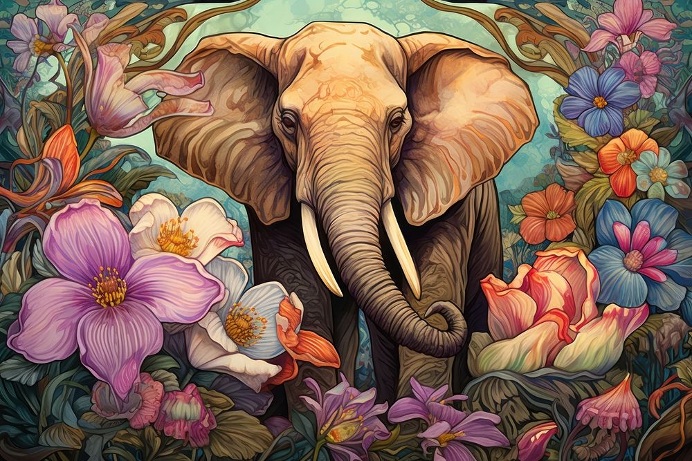 Elephant and flowers elephant art | Free Photo Illustration - rawpixel