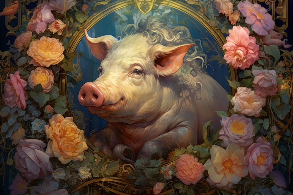 Pig flowers art painting blossom | Free Photo Illustration - rawpixel