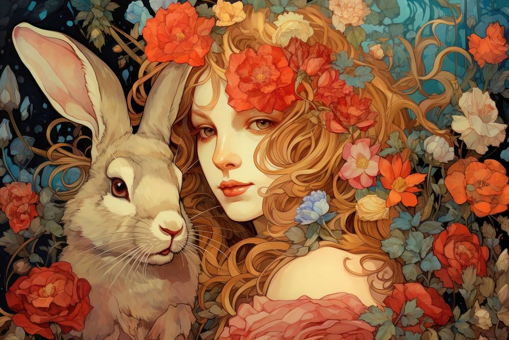 Rabbit and flowers art painting | Premium Photo Illustration - rawpixel