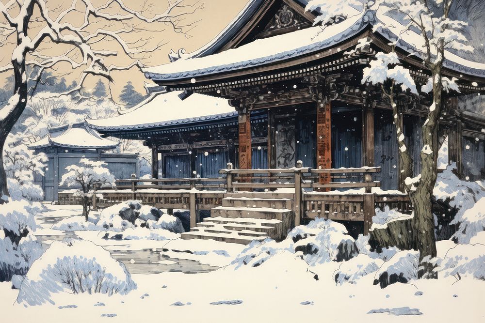 exterior winter covered japanese temple | Premium Photo Illustration ...