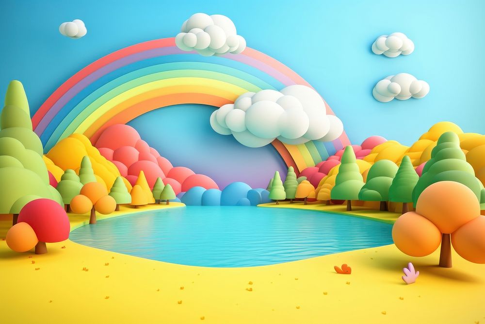 Cute lake side rainbow fantasy | Free Photo Illustration - rawpixel