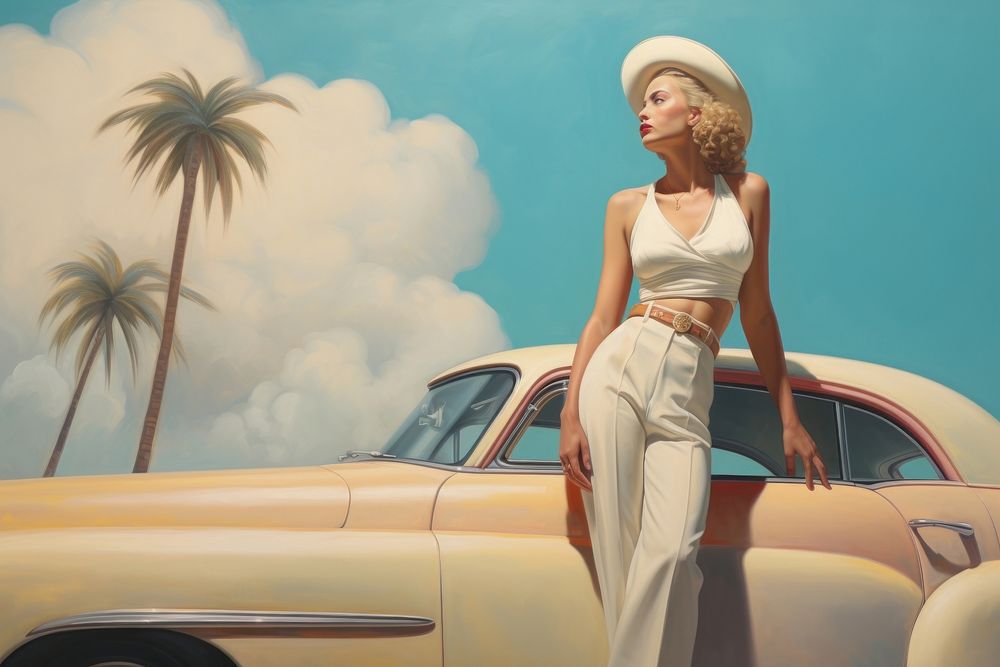 Women leaning car painting vehicle | Free Photo Illustration - rawpixel