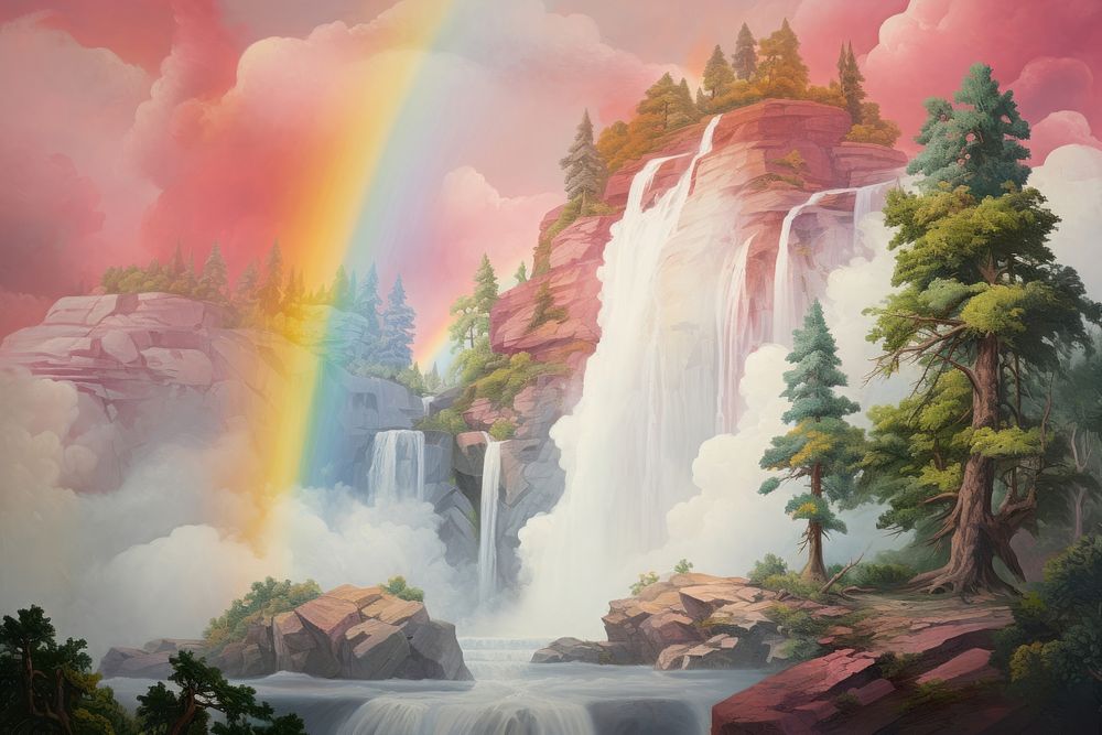 Waterfall landscape painting rainbow. | Free Photo Illustration - rawpixel