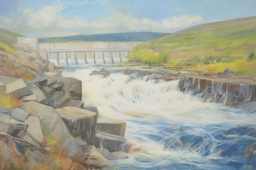Hydroelectric dam outdoors painting drawing. | Premium Photo ...