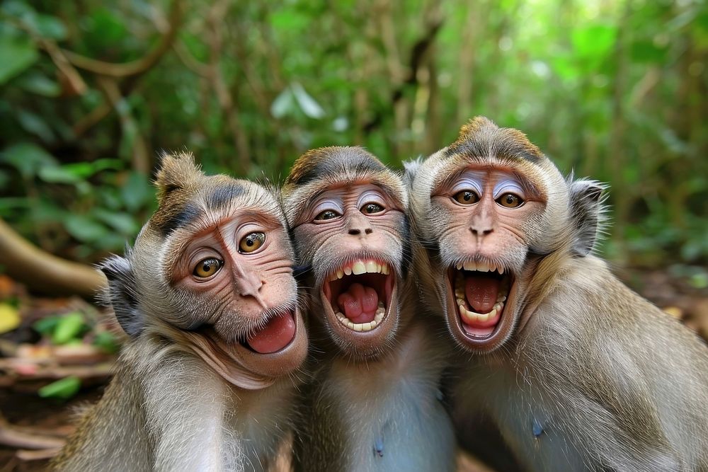 3 monkeys animal wildlife smiling. | Free Photo - rawpixel