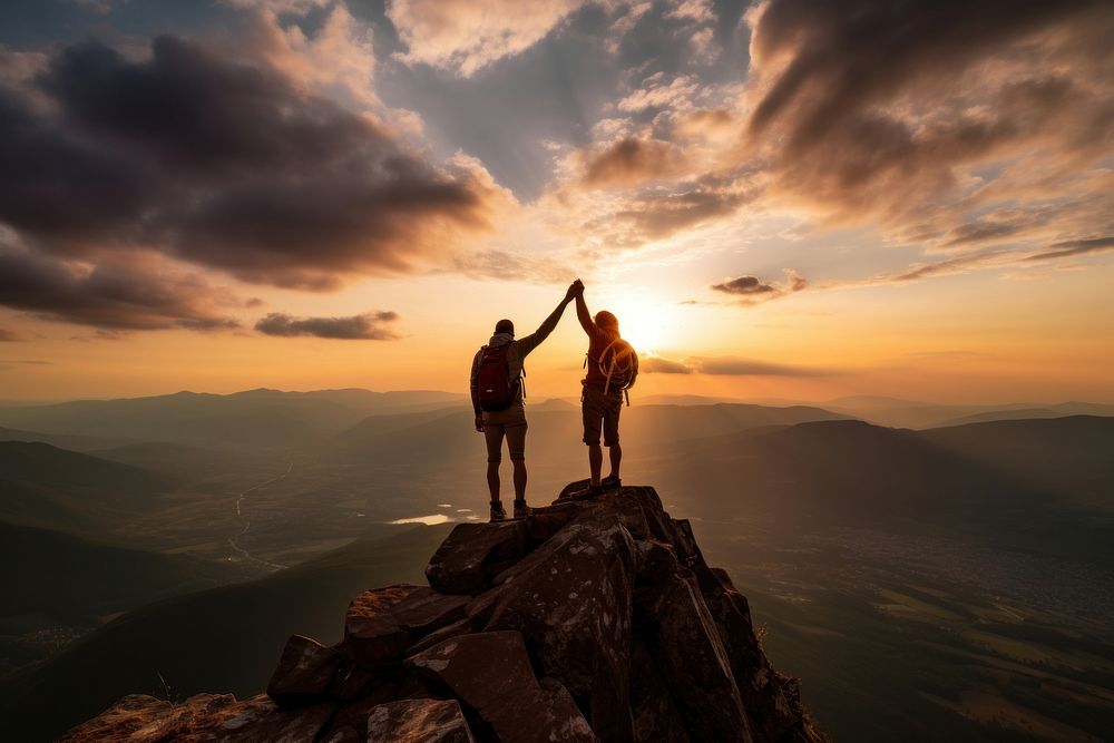 Two people climbing mountain sky | Free Photo - rawpixel