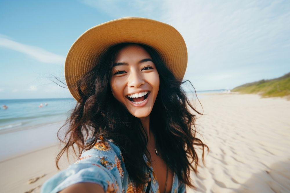 Influencer beach laughing portrait. | Premium Photo - rawpixel