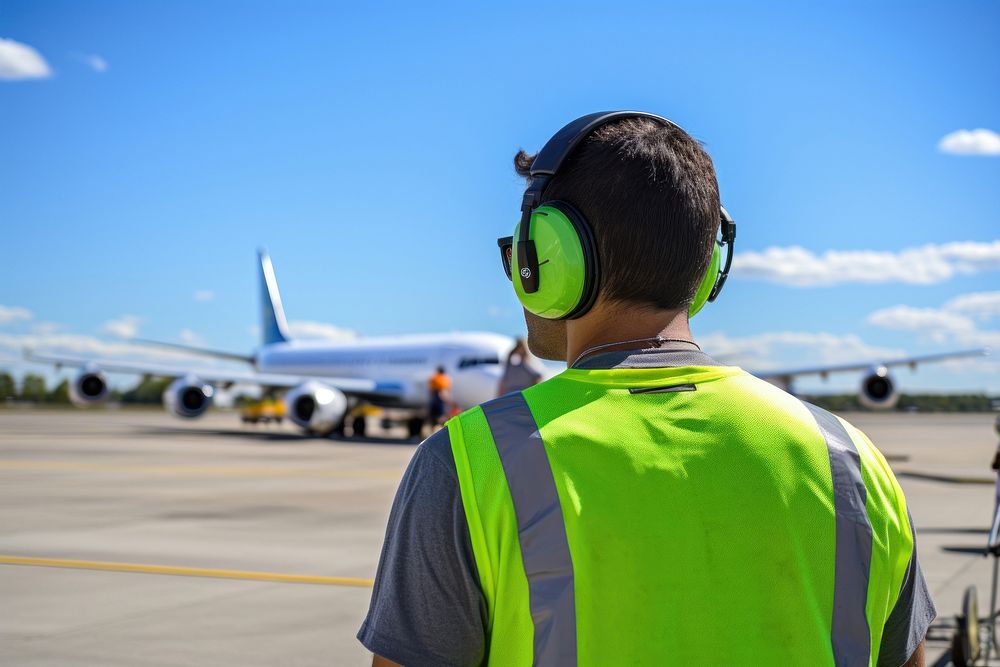 Staff wearing green headphones airplane | Free Photo - rawpixel