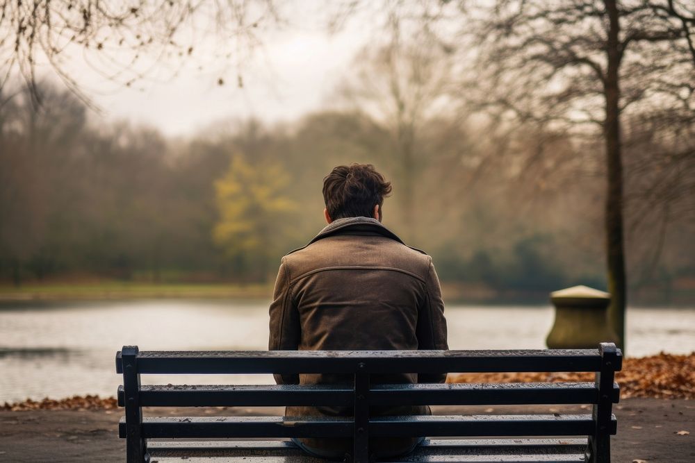 Anxiety sitting bench outdoors. AI | Premium Photo - rawpixel