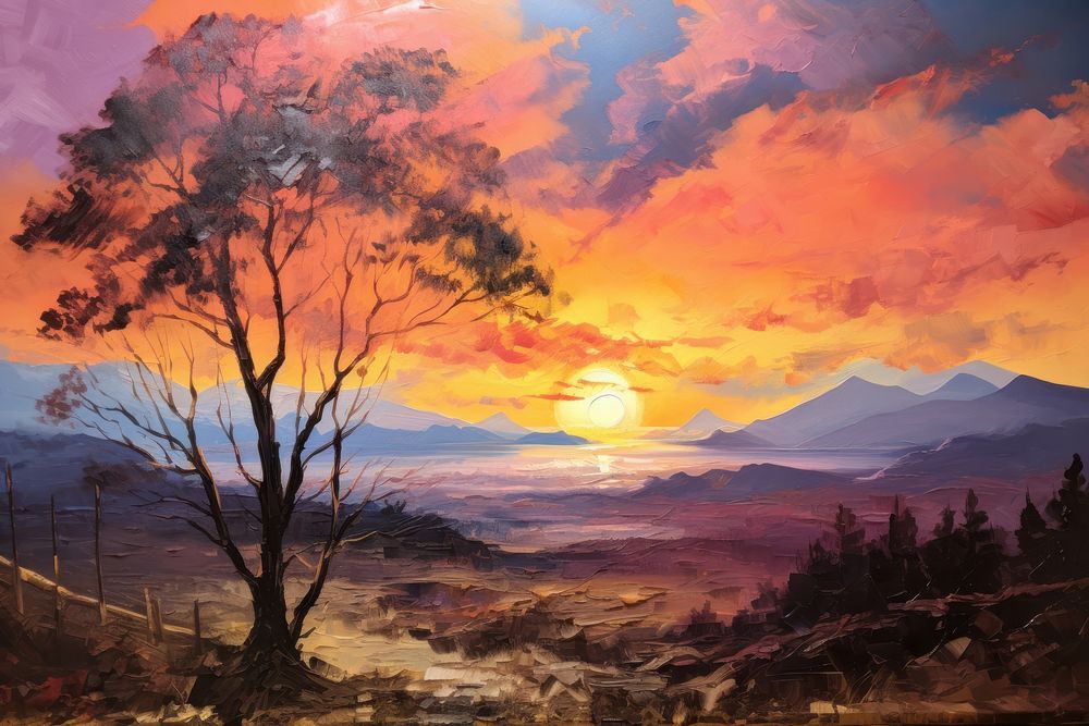 Landscape sunset painting outdoors nature. | Premium Photo Illustration ...