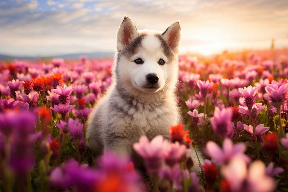Husky puppy flower field outdoors | Free Photo - rawpixel