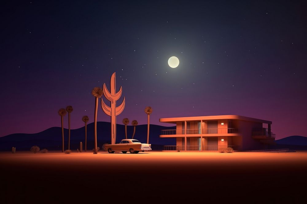 Retro night hotel desert western | Free Photo Illustration - rawpixel
