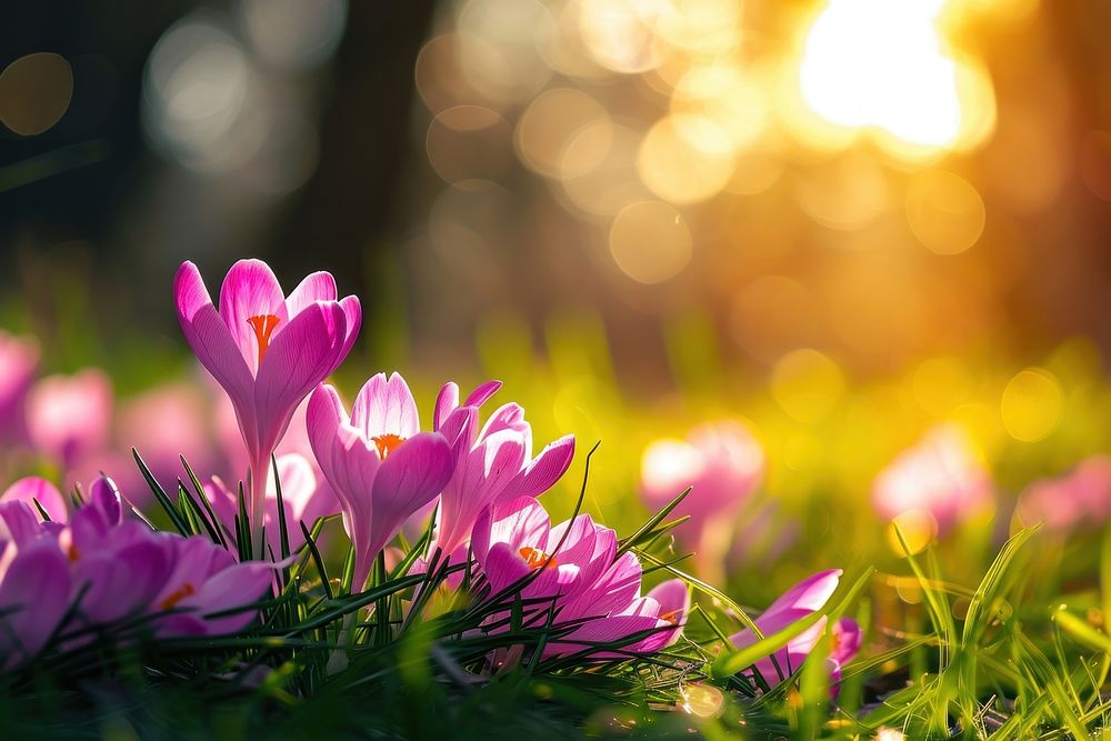 Pink crocuses sunlight grass outdoors. | Premium Photo - rawpixel