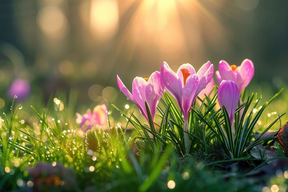 Pink crocuses grass sunlight outdoors. | Premium Photo - rawpixel