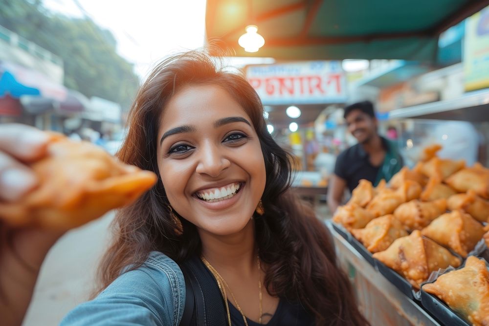 Indian businesswoman eating food smiling | Free Photo - rawpixel