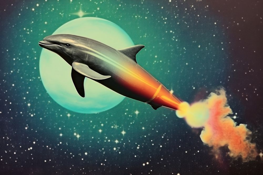Collage Retro galaxy Dolphin rocket | Premium Photo Illustration - rawpixel