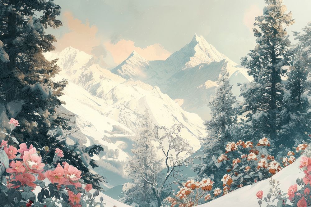 Mountain snow tree landscape. | Premium Photo Illustration - rawpixel
