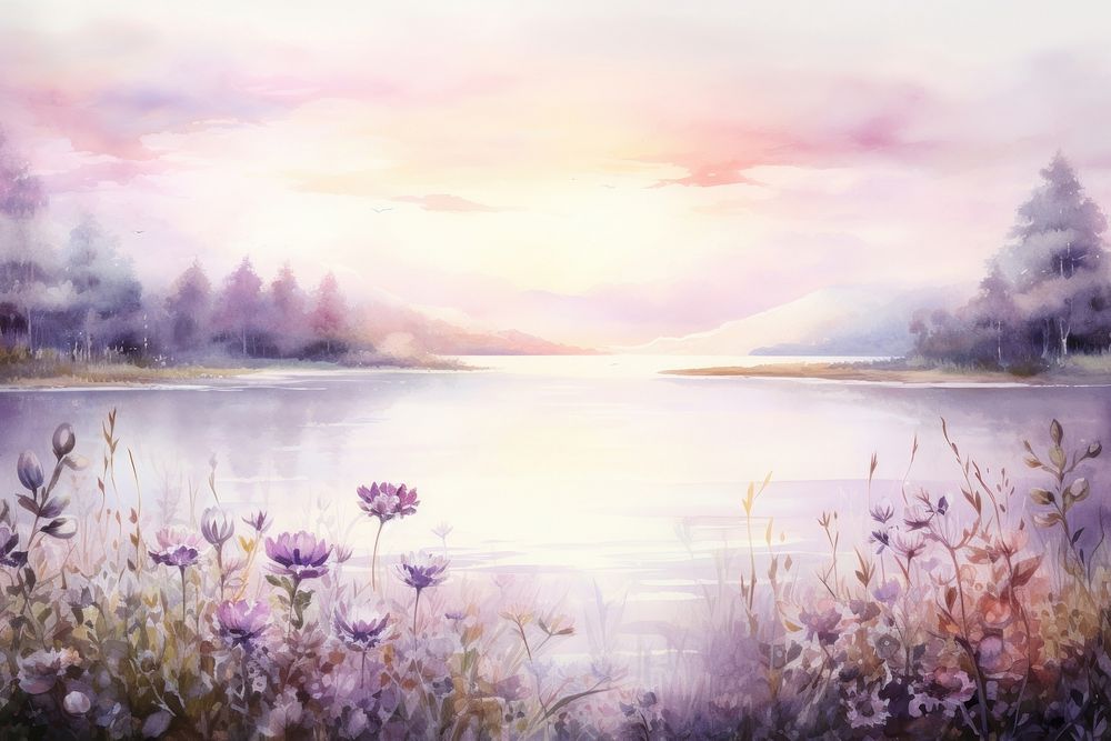 Sunset lake border landscape painting | Premium Photo Illustration ...