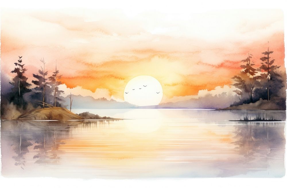 Sunset lake border painting landscape | Free Photo Illustration - rawpixel