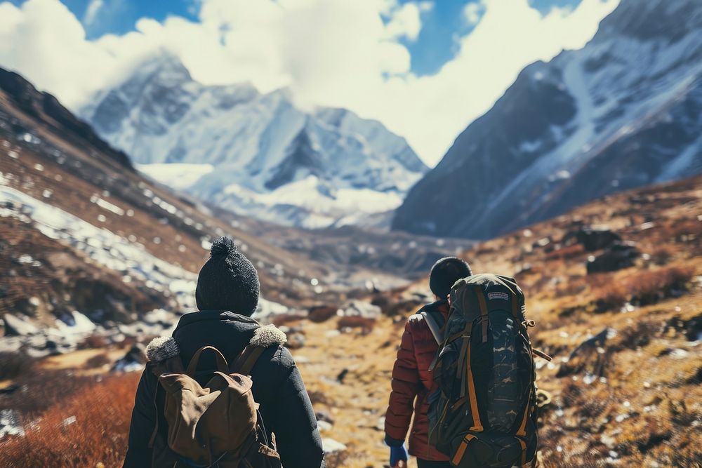 Chinese couple backpacking hiking mountaineering. | Premium Photo ...