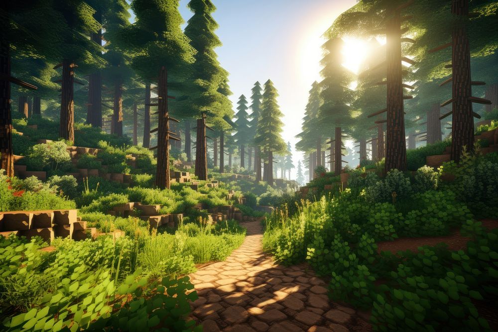 Minecraft forest landscape sunlight. | Premium Photo Illustration ...