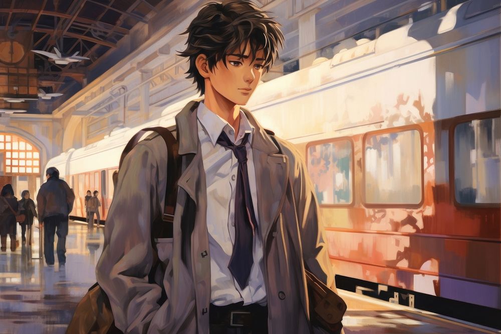 Japanese anime boy train railway | Free Photo Illustration - rawpixel