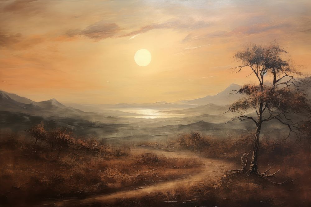 Sunset hill painting landscape outdoors. | Premium Photo Illustration ...