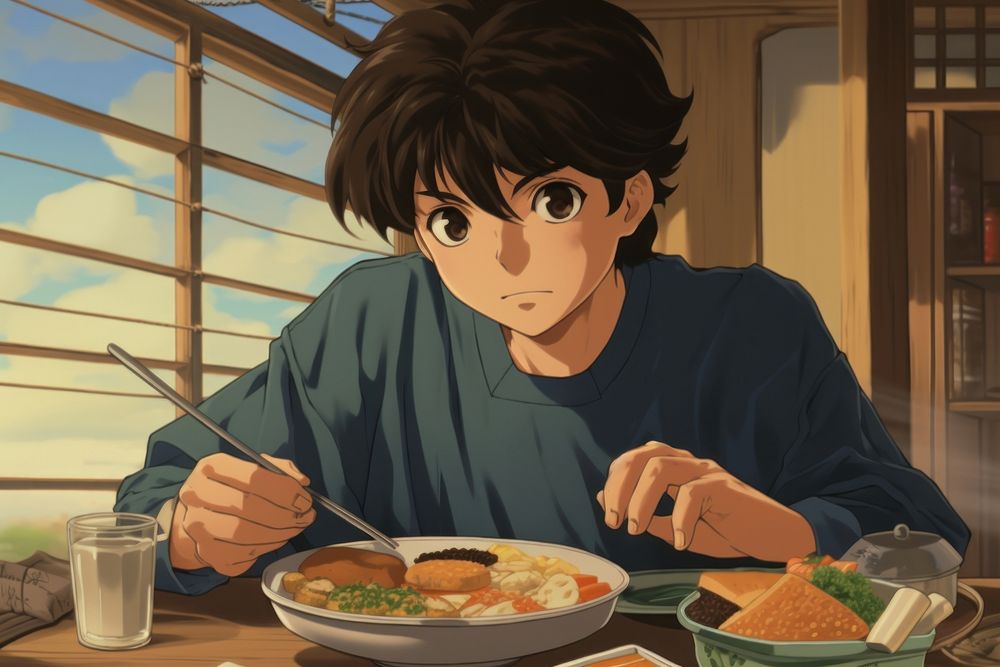 Japanese anime boy eating plate | Free Photo Illustration - rawpixel