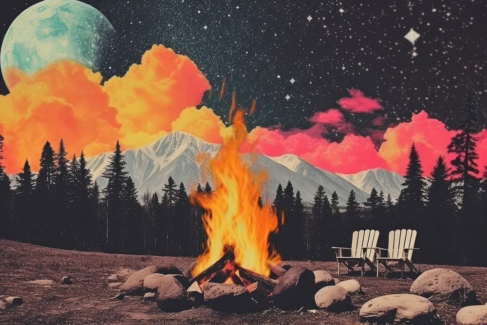 Collage Retro dreamy campfire landscape | Premium Photo Illustration ...
