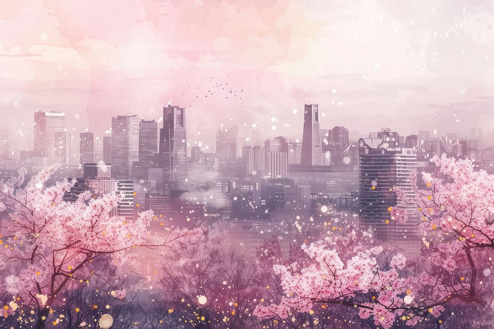 Cityscape Cherry Blossoms watercolor background | Premium Photo Illustration - rawpixel