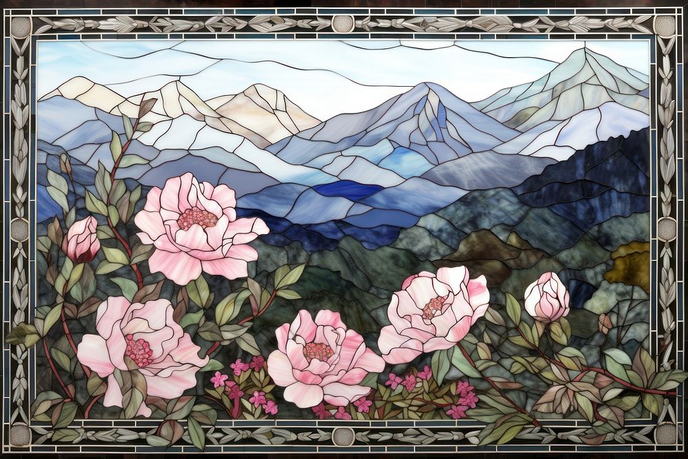 Mountain and peony pattern mosaic | Free Photo Illustration - rawpixel