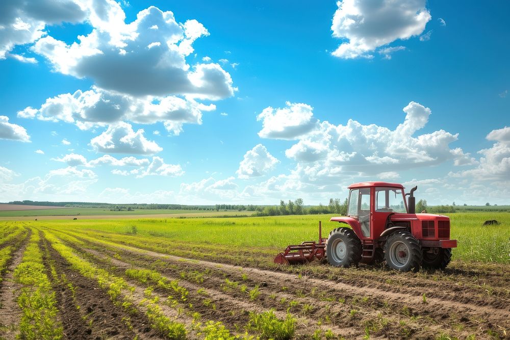 Red tractor field sunny day | Premium Photo - rawpixel