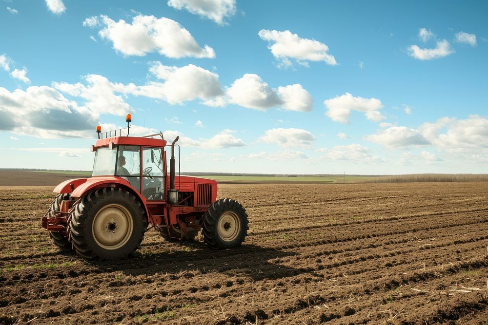 Red tractor field sunny day | Premium Photo - rawpixel