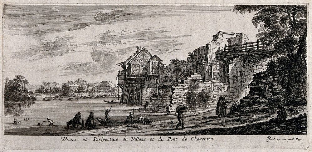 village and bridge Charenton. Etching. | Free Photo Illustration - rawpixel