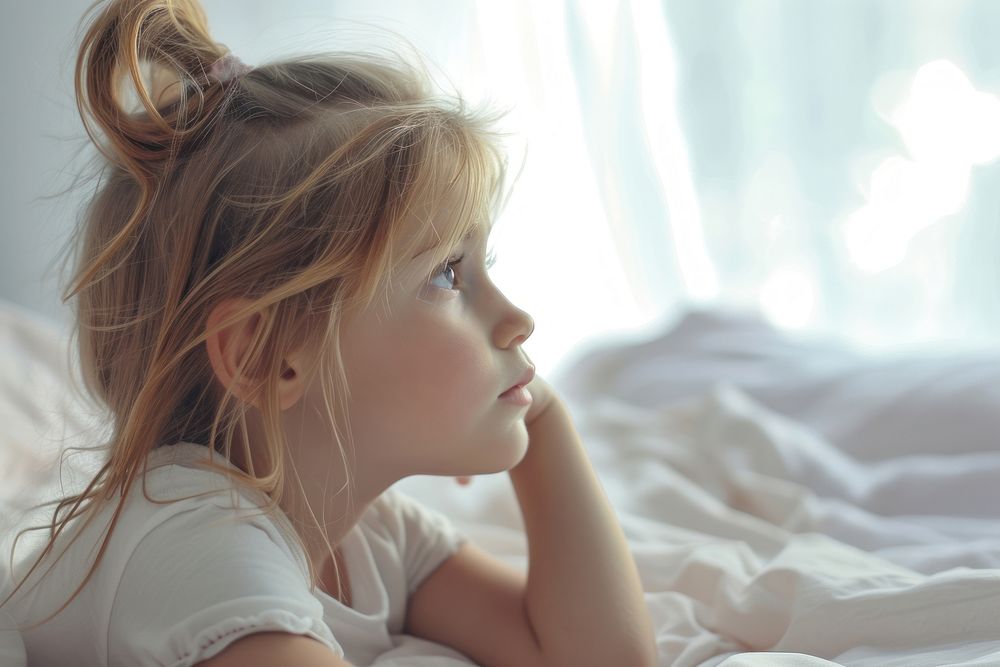 Kid thinking portrait bedroom child. | Premium Photo - rawpixel