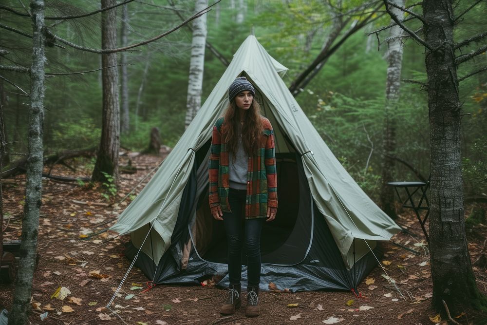 Woman coming tent camping woods | Free Photo - rawpixel