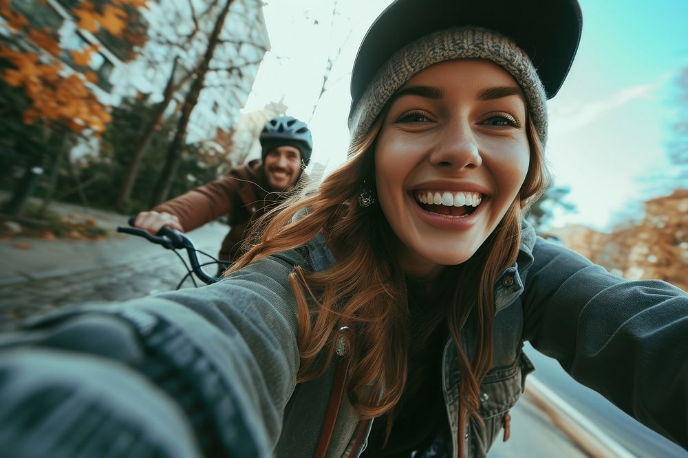 Bicycle rides laughing portrait smiling. | Free Photo - rawpixel