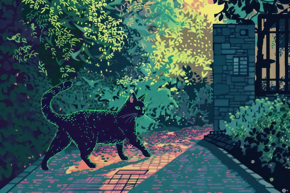 Cat walking art outdoors cartoon. | Free Photo Illustration - rawpixel
