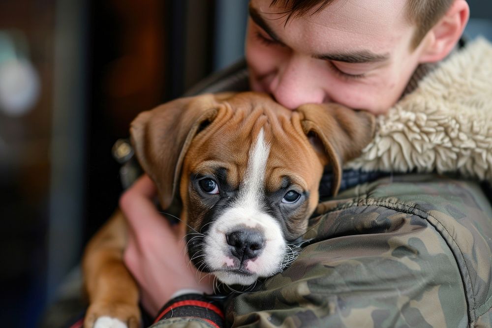 Man hugging boxer puppy portrait | Free Photo - rawpixel