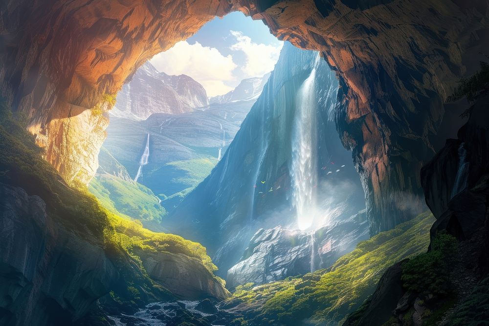 waterfall coming cave landscape outdoors | Free Photo - rawpixel