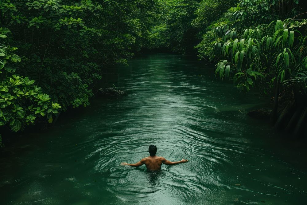 Man swiming river rain forest | Premium Photo - rawpixel