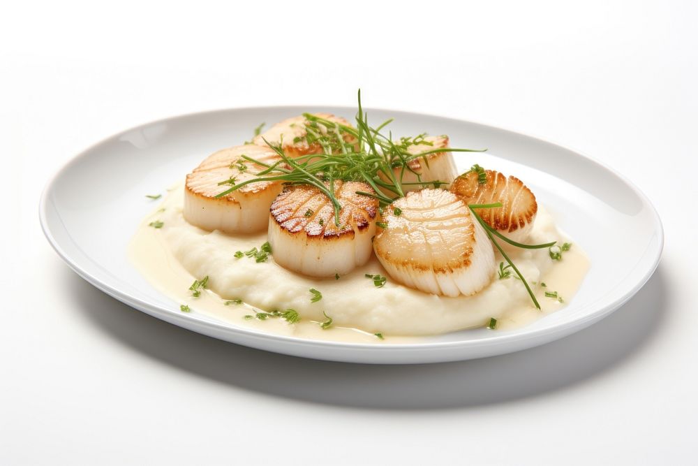 Sancerre-Poached Scallops Soft Grits plate | Free Photo - rawpixel