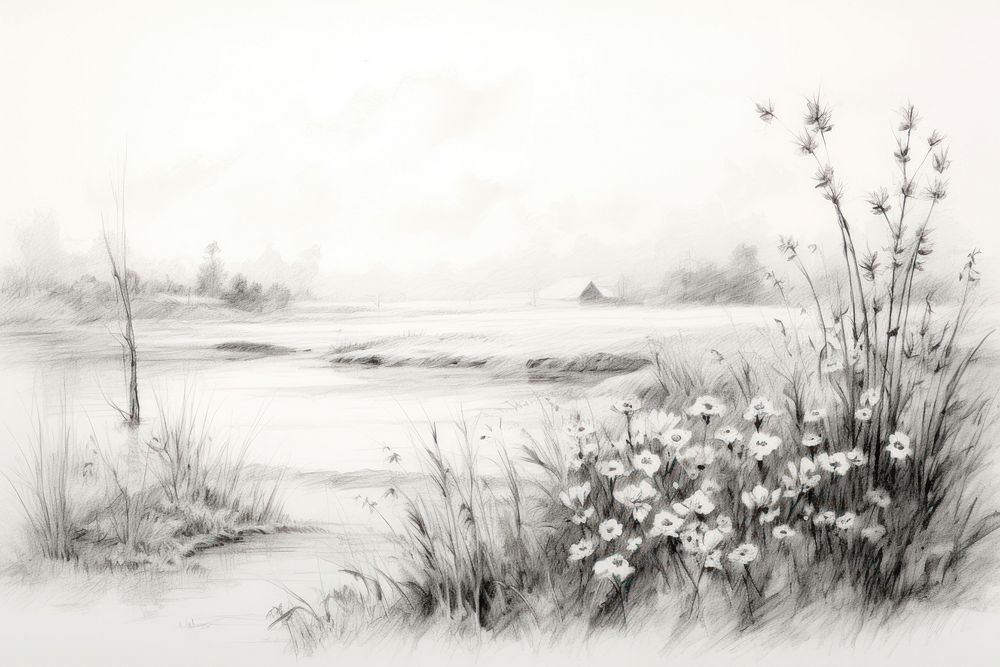 Vintage meadow sketch drawing white | Free Photo Illustration - rawpixel